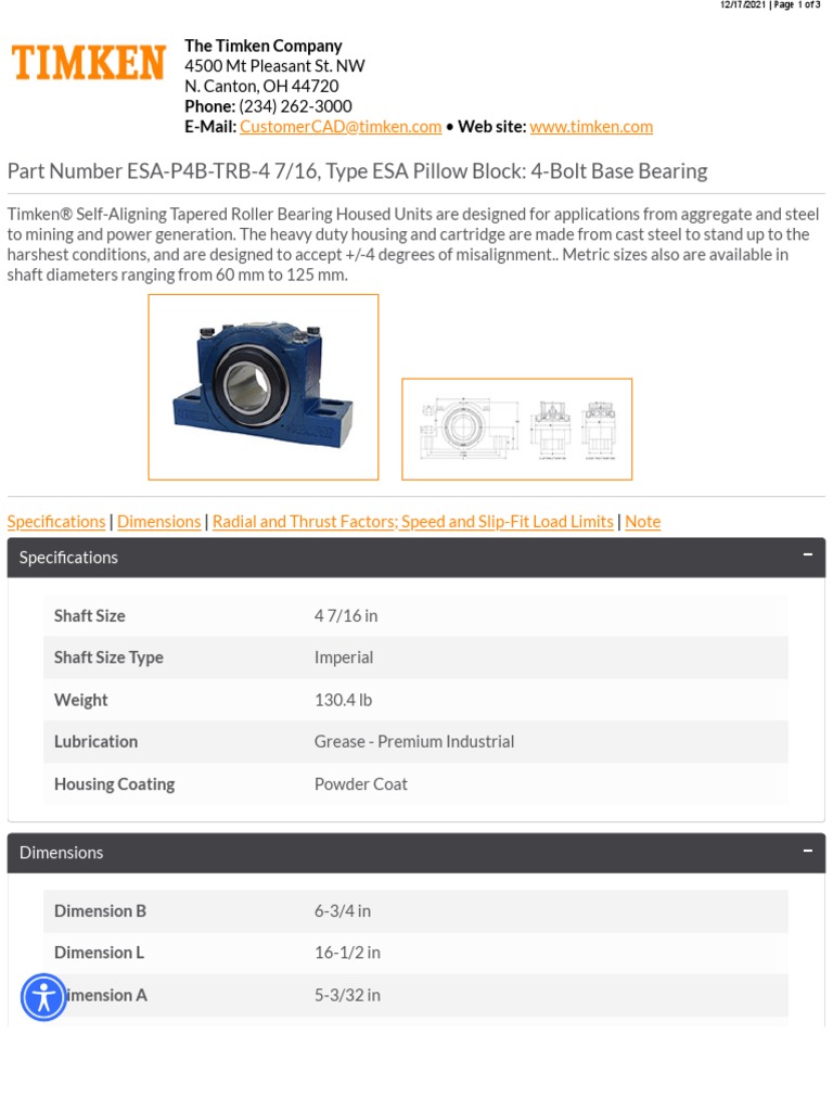 Part Number ESA-P4B-TRB-4 7/16, Type ESA Pillow Block: 4-Bolt Base Bearing | PDF | Screw ...