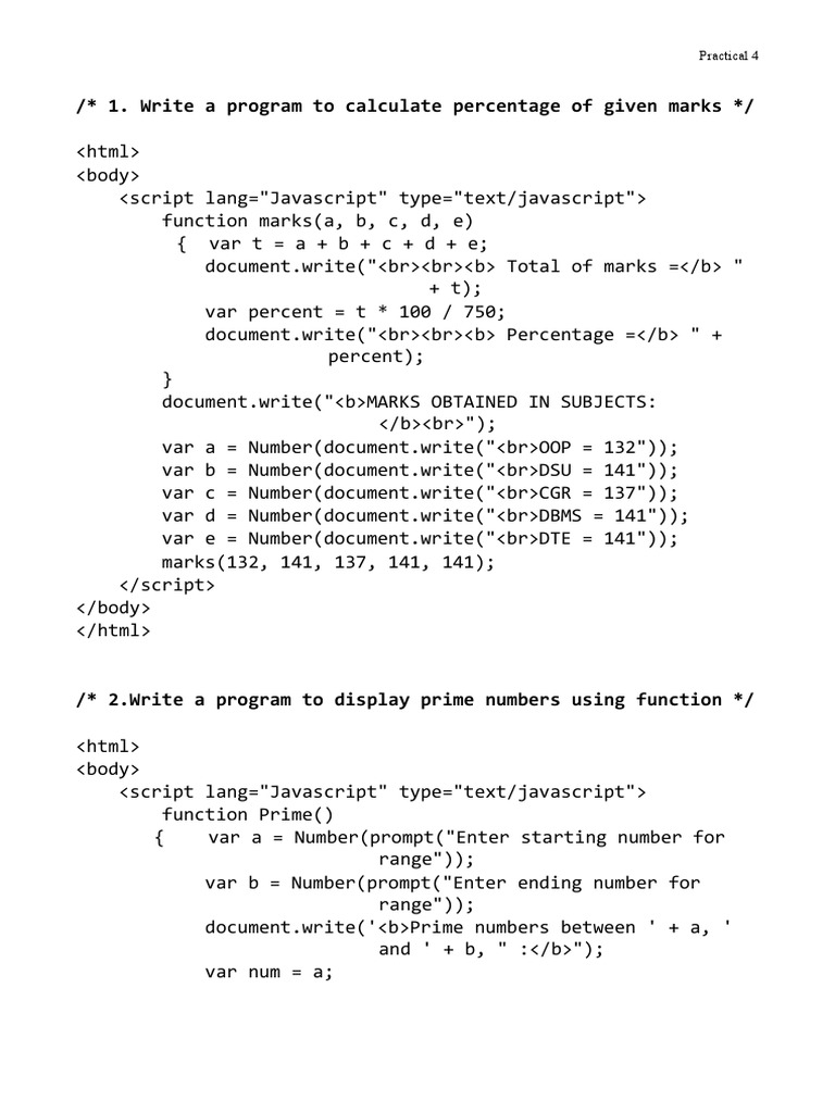 Write A Program To Calculate Percentage of Given Marks | PDF