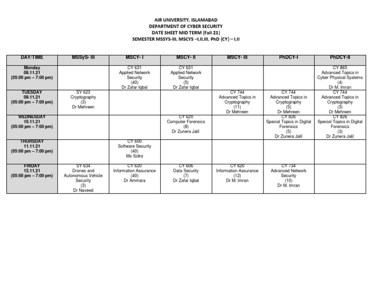 Fall 2021 Mid MSSyS and MSCY Date Sheet | PDF | Law Enforcement ...