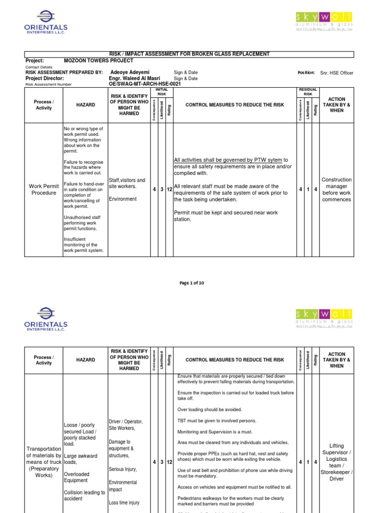 RISK ASESSMENT For Broken Glass Replacement | PDF | Personal Protective ...