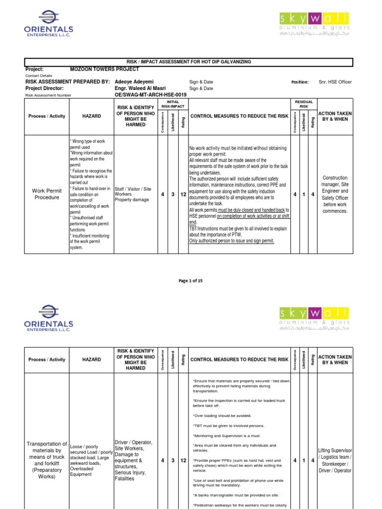 RISK ASESSMENT For Hot Dip Galvanizing | PDF | Risk | Forklift