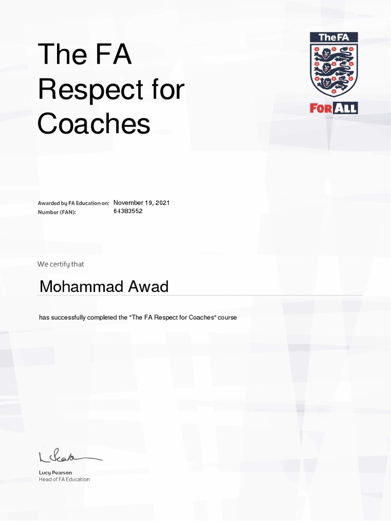 The FA Respect For Coaches - Certificate | PDF