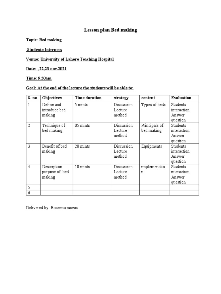 Lesson Plan Bed Making | PDF