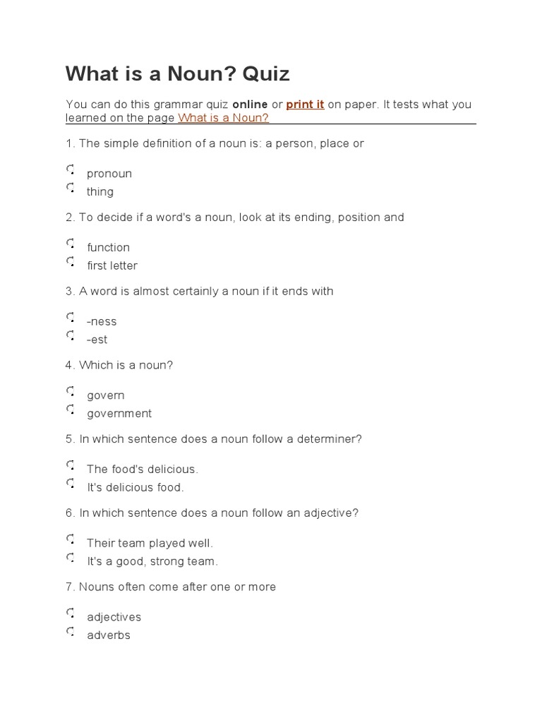 What Is A Noun Quiz | PDF | Foreign Language Studies