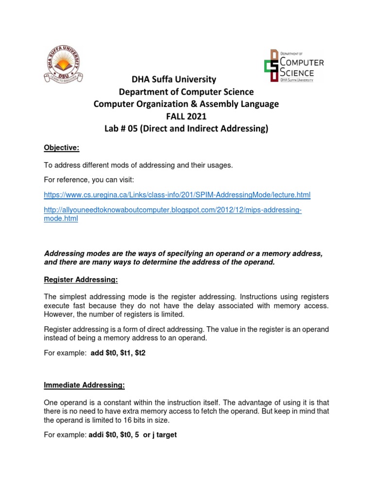DHA Suffa University Department of Computer Science Computer Organization & Assembly Language ...