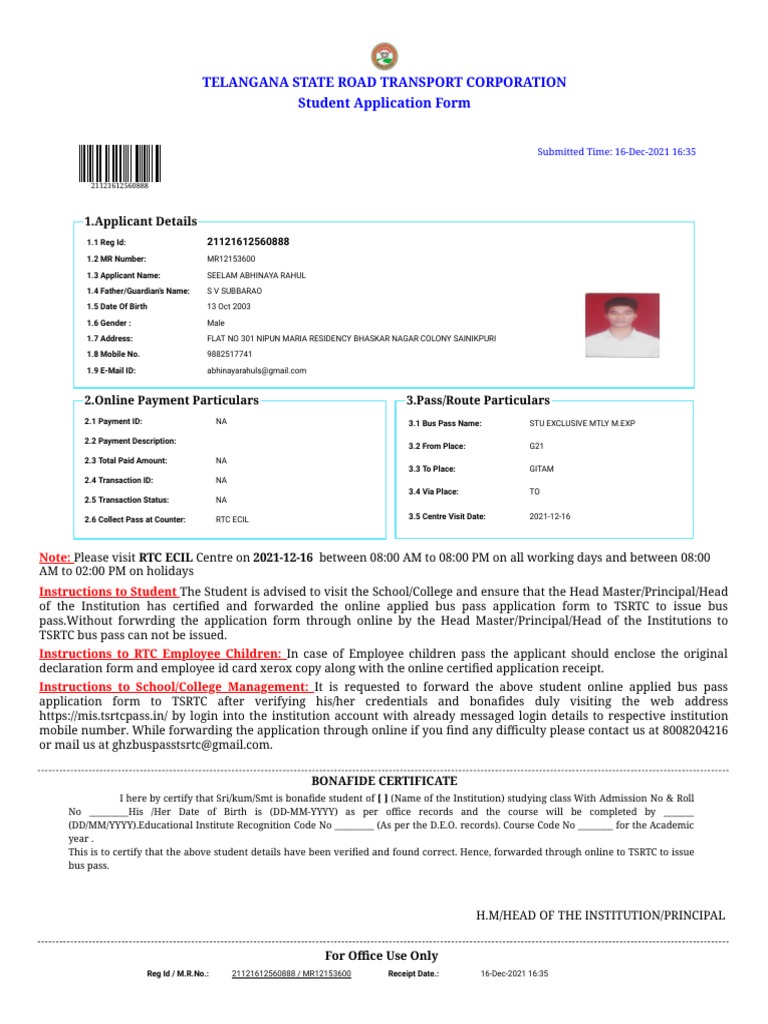 Telangana State Road Transport Corporation Student Application Form ...