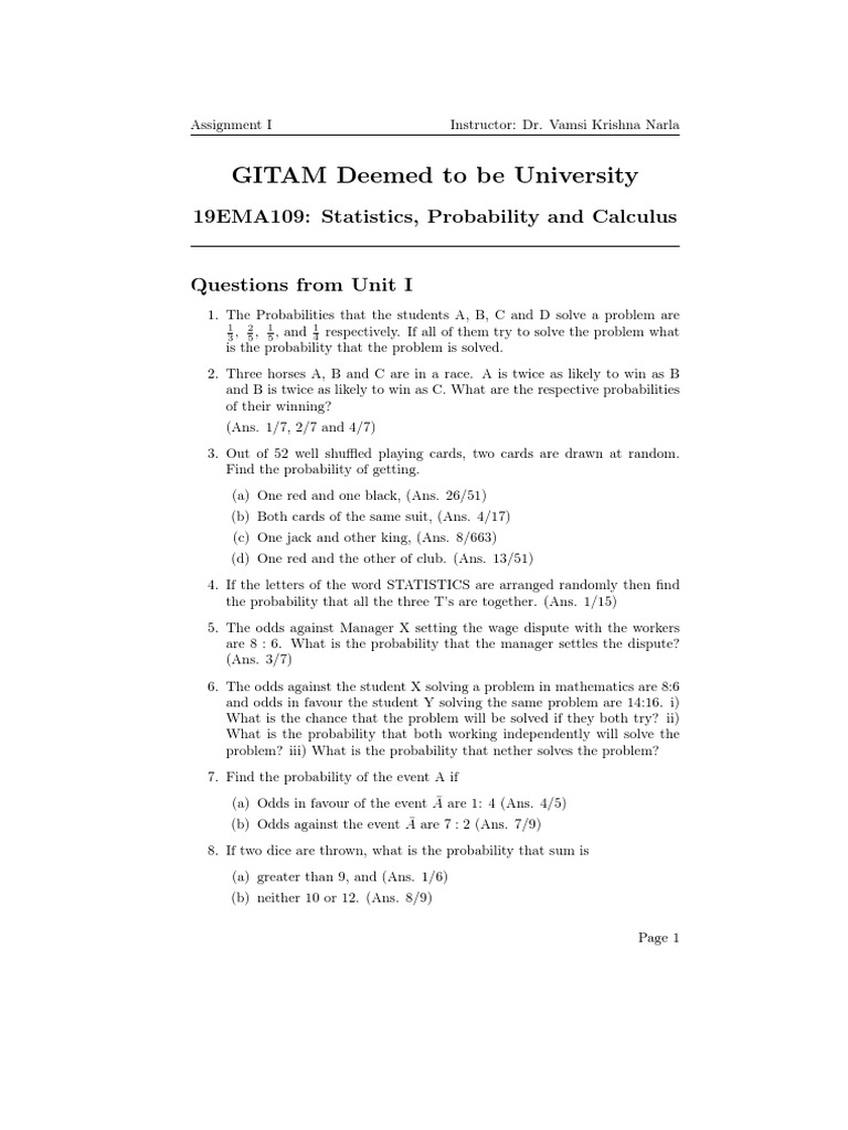 GITAM Deemed To Be University: 19EMA109: Statistics, Probability and ...