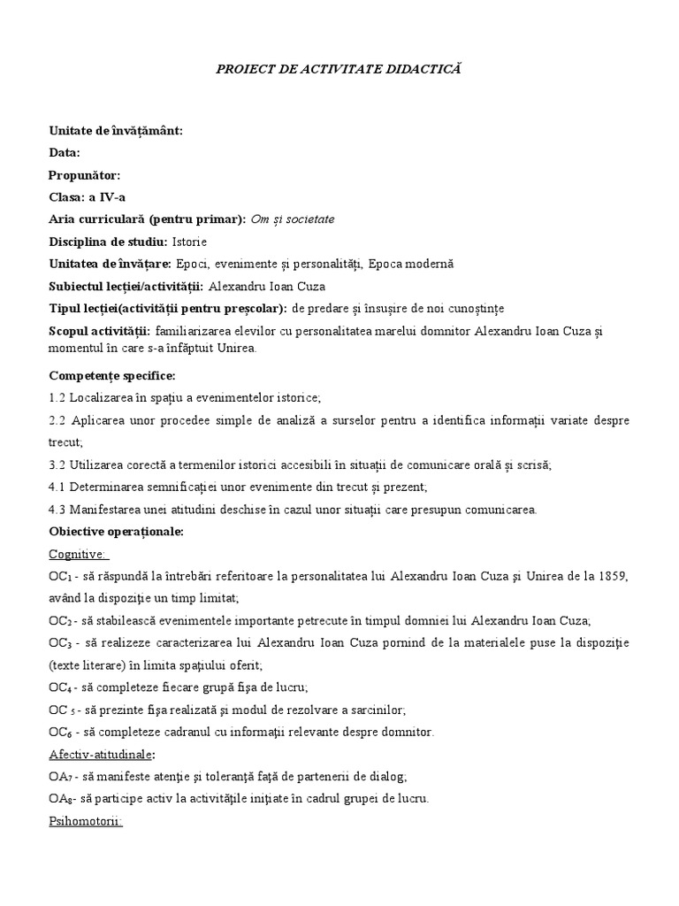 PROIECT DIDACTIC Model | PDF