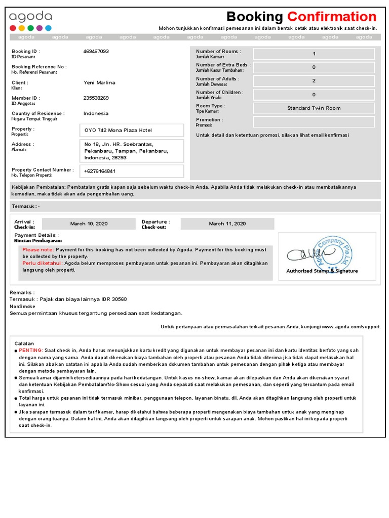 Konfirmasi Agoda Di OYO 742 Mona Plaza Hotel | PDF