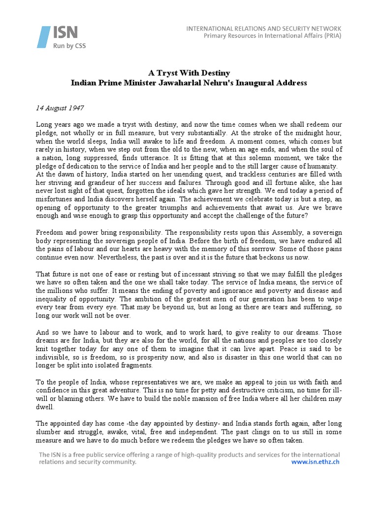 A Tryst With Destiny Indian Prime Minister Jawaharlal Nehru's Inaugural ...