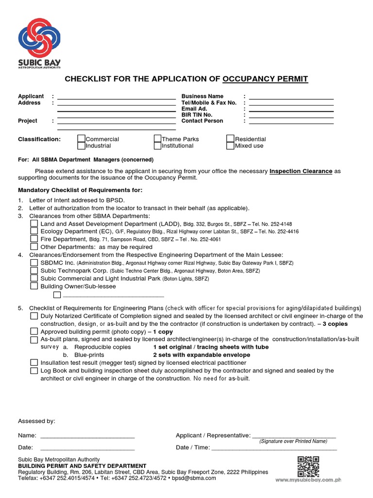 Checklist For The Application of Occupancy Permit | PDF