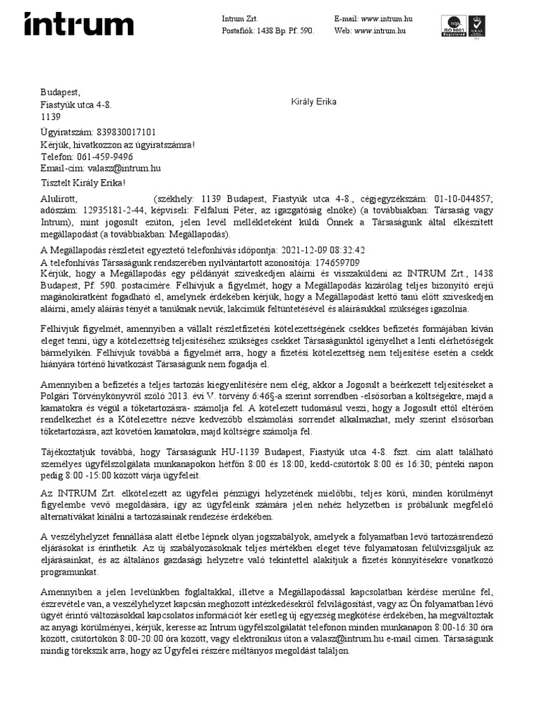 Intrum ZRT.: Király Erika | PDF