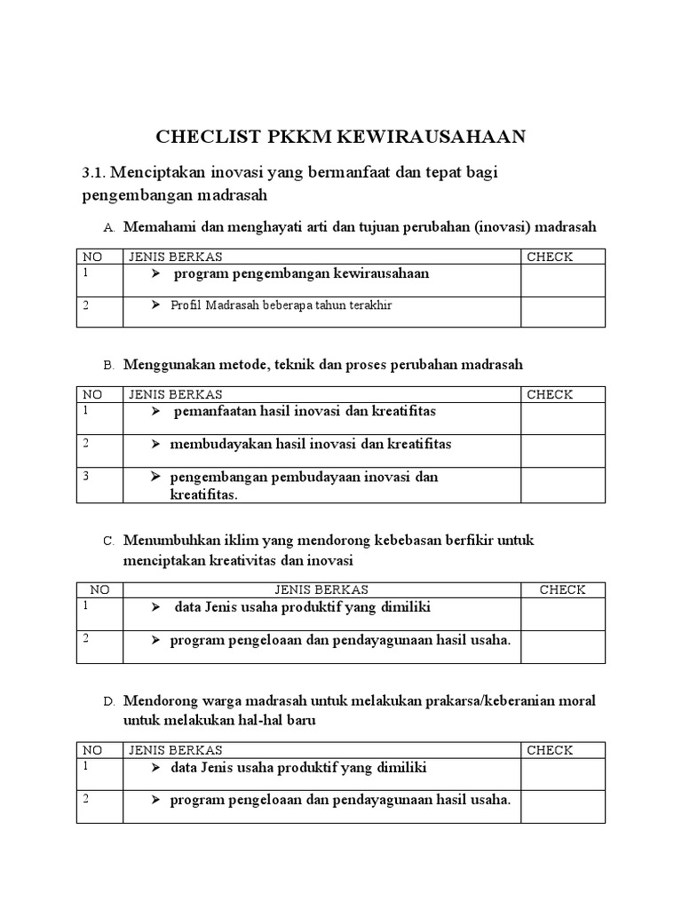 Checlist PKKM Kewirausahaan | PDF | Karier & Perkembangan
