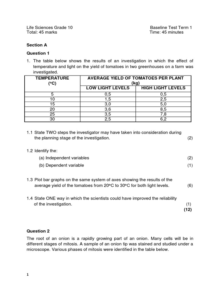 Baseline Test Term 1 2021 2 | PDF | Mitosis | Cell Biology
