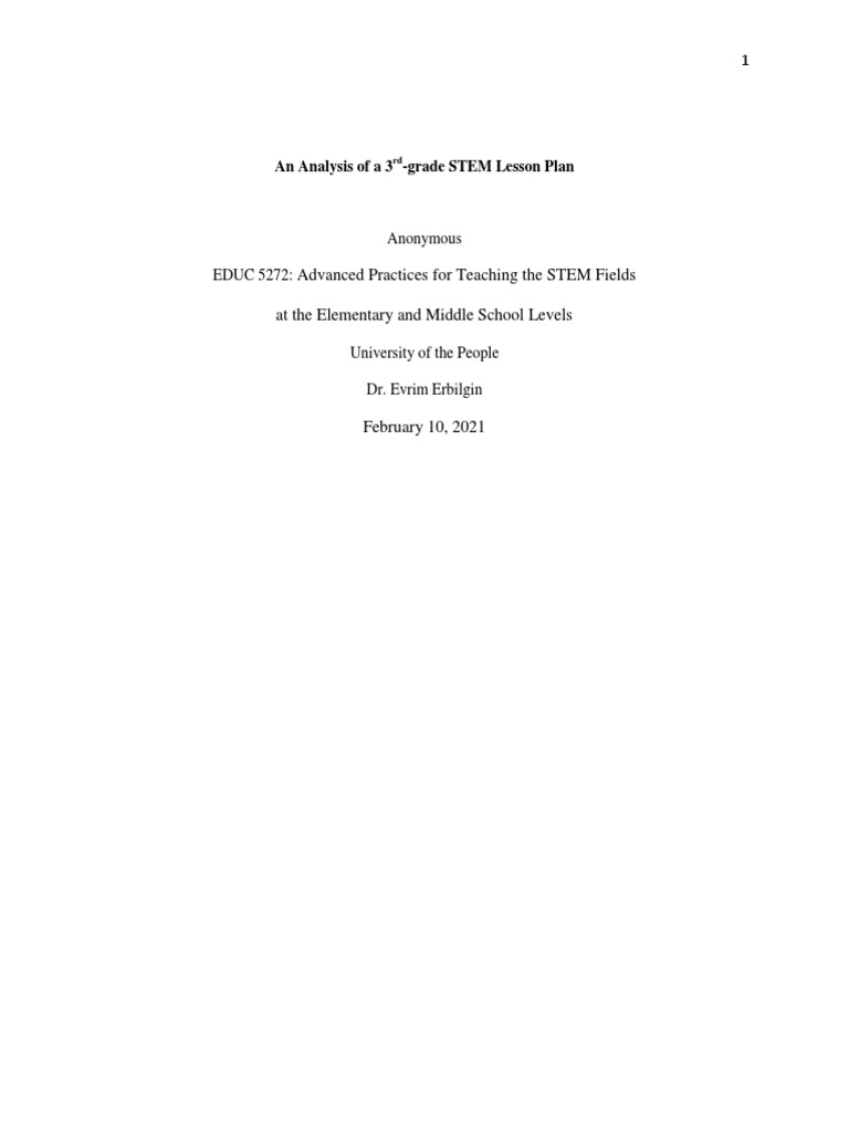 EDUC 5272 Written Assignment 2 An Analysis of A 3rd-Grade STEM Lesson ...