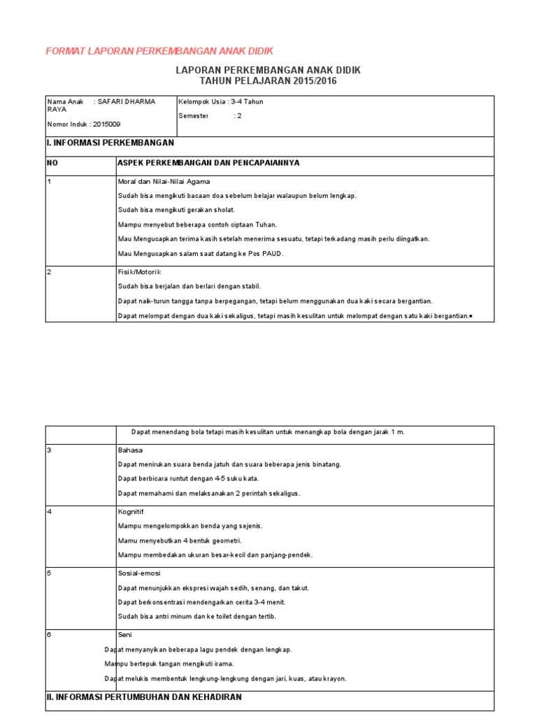 Format Laporan Perkembangan Anak Didik | PDF