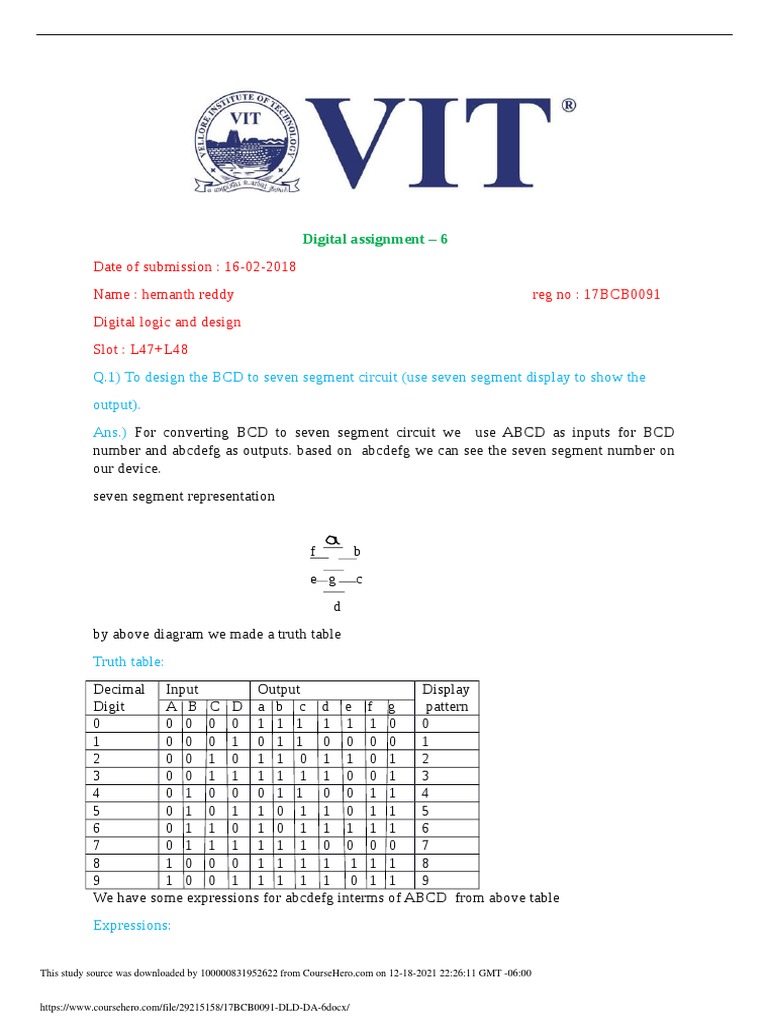 17BCB0091 DLD Da 6 | PDF | Binary Coded Decimal | Computer Architecture