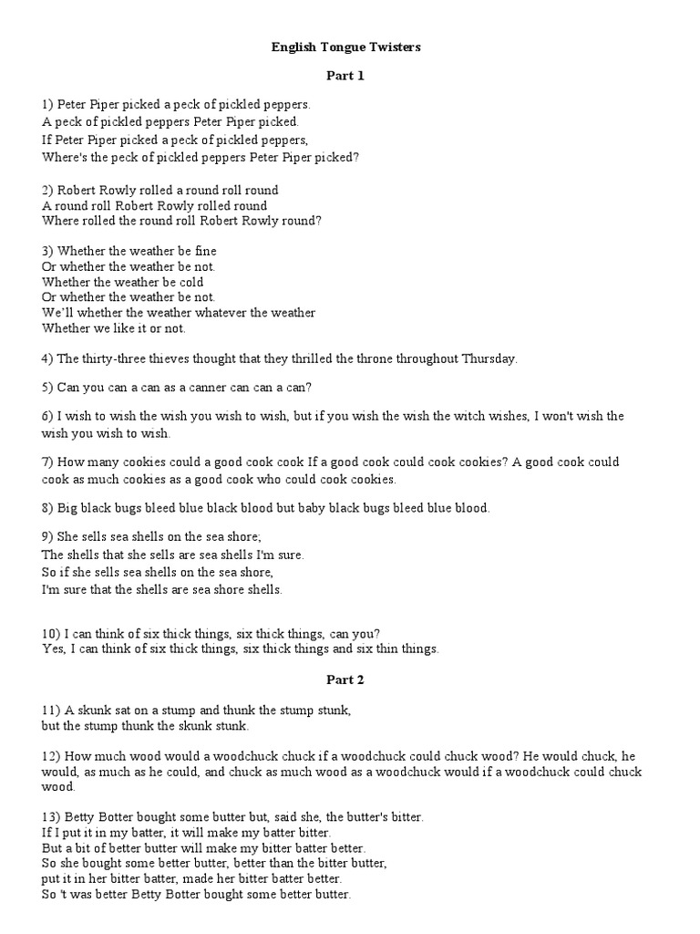 English Tongue Twisters Collection | PDF