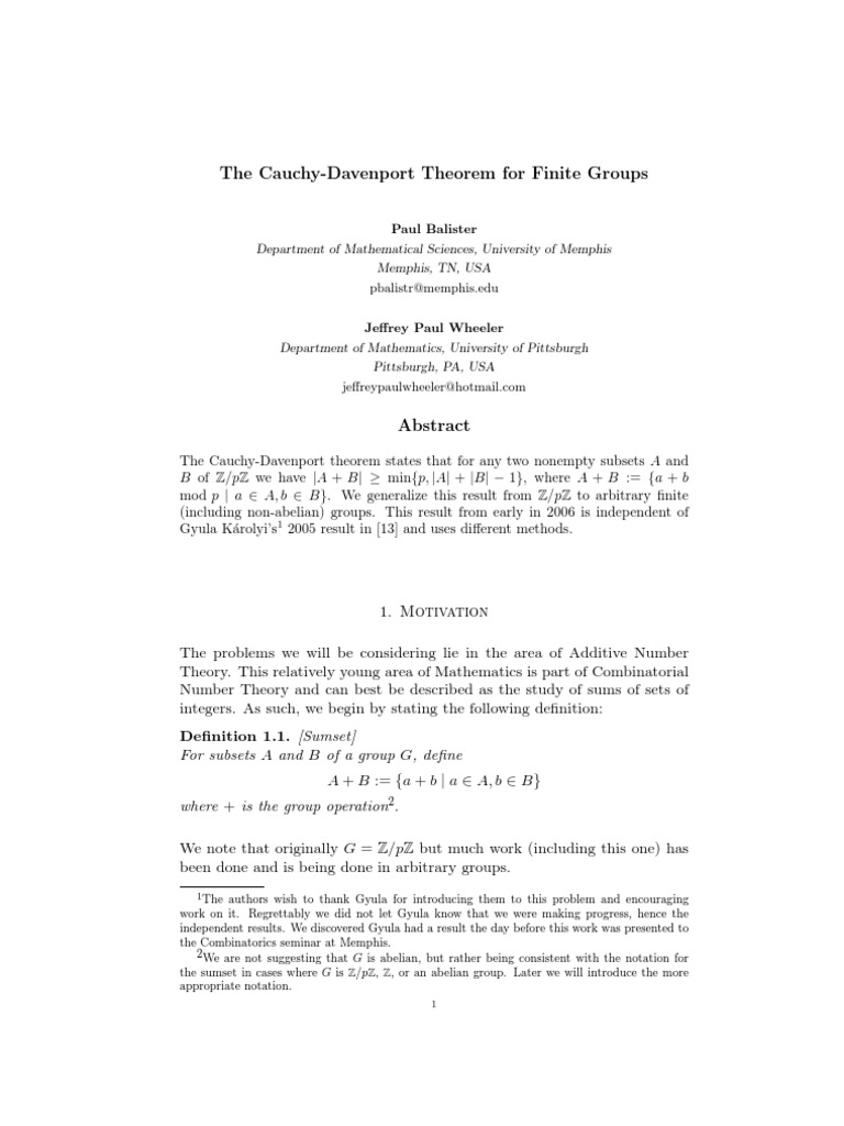 Cauchy-Davenport Theorem For Finite Groups | PDF | Group (Mathematics) | Integer