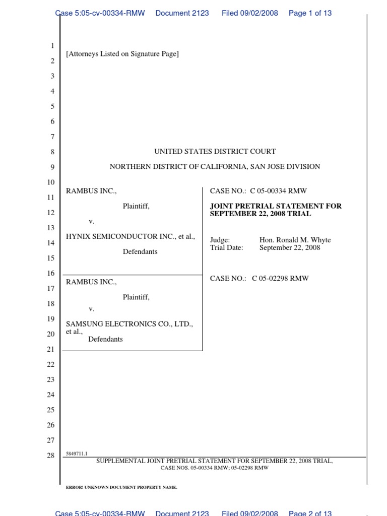 Supplemental Joint Pretrial Statement For September 22, 2008 Trial ...