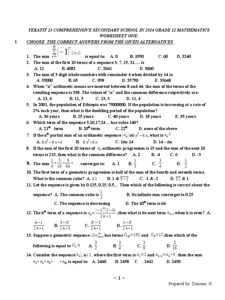 Grade-12 Mathematics Worksheet | PDF | Sequence | Analysis