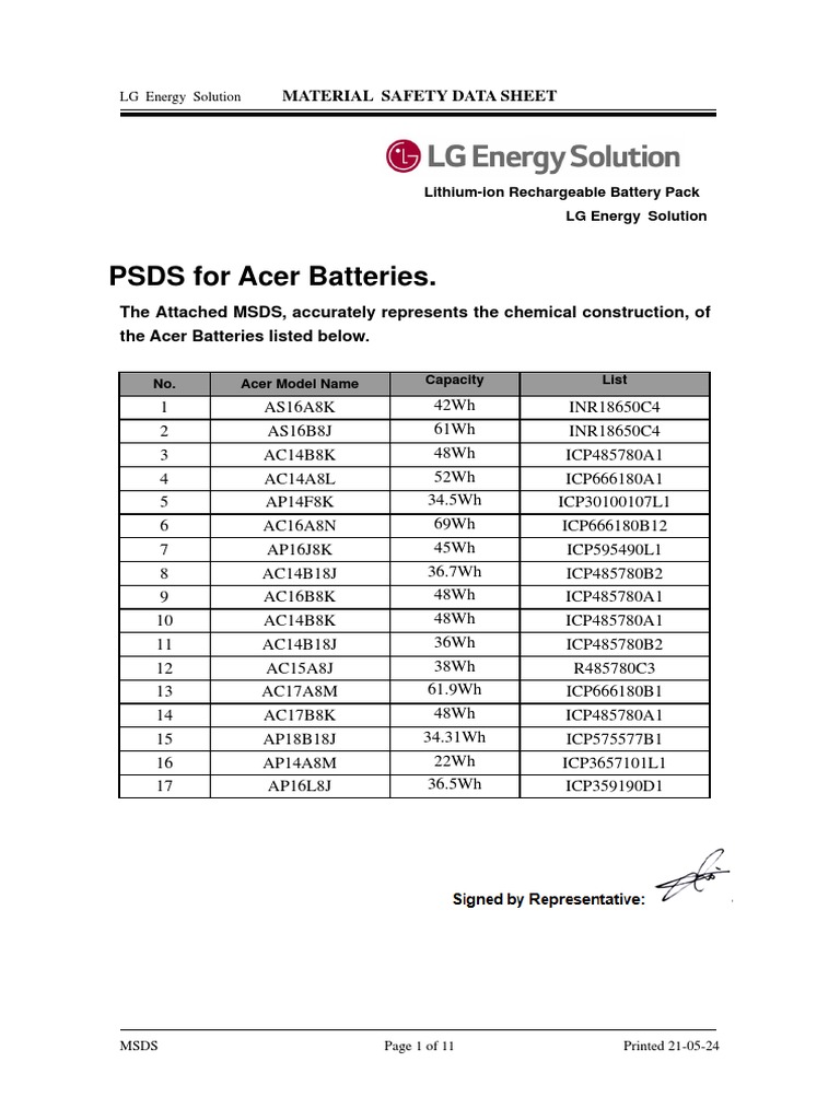 PSDS For Acer Batteries.: Material Safety Data Sheet | PDF ...