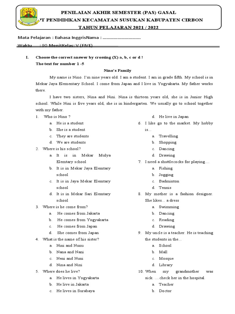 Soal Pas Bahasa Inggris Kelas 5 Gasal 2021 | PDF | Dolls | Toys
