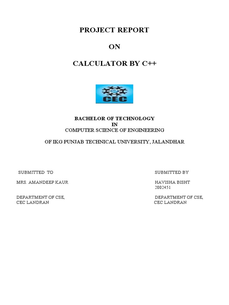 Project Report ON Calculator by C++: Computer Science of Engineering of Ikg Punjab Technical ...