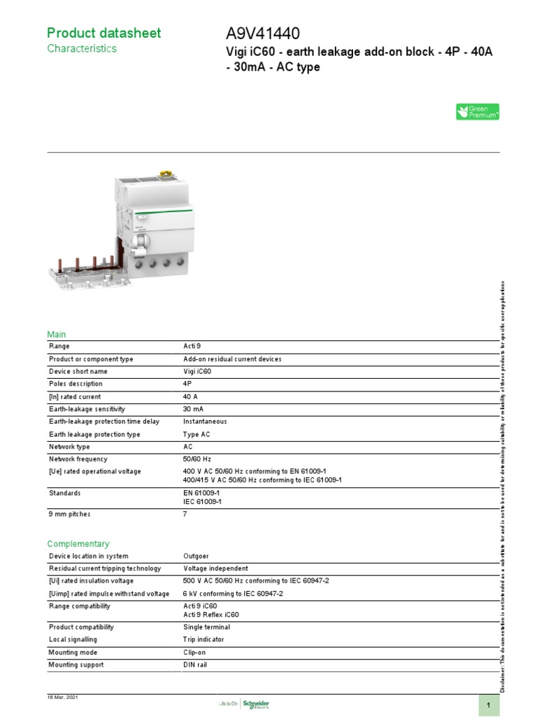 Vigi Ic60 - Earth Leakage Add-On Block - 4P - 40A | PDF | Alternating ...