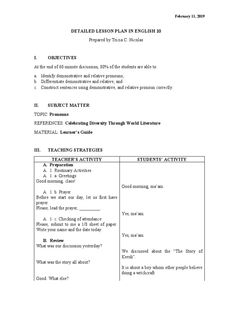 Detailed Lesson Plan in Pronouns | PDF | Pronoun | Lesson Plan