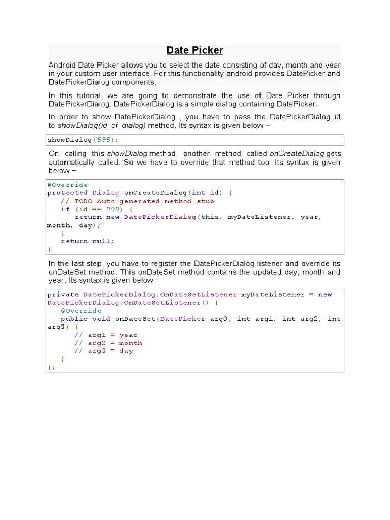 Date Picker: Showdialog | PDF | Android (Operating System) | Java ...