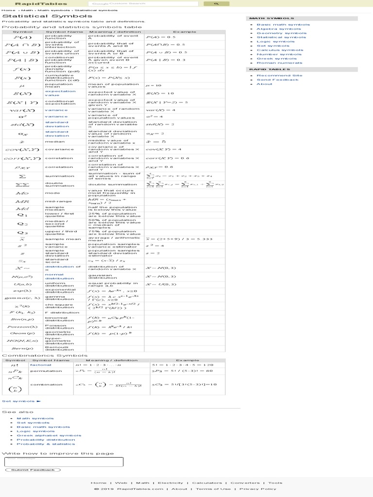 Statistical Symbols | PDF | Variance | Probability Distribution
