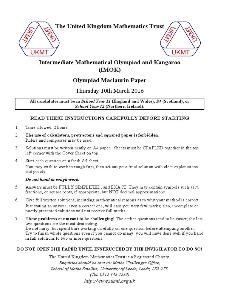 UKMT Intermediate Olympiad 2016 Paper | PDF | Mathematics | Numbers