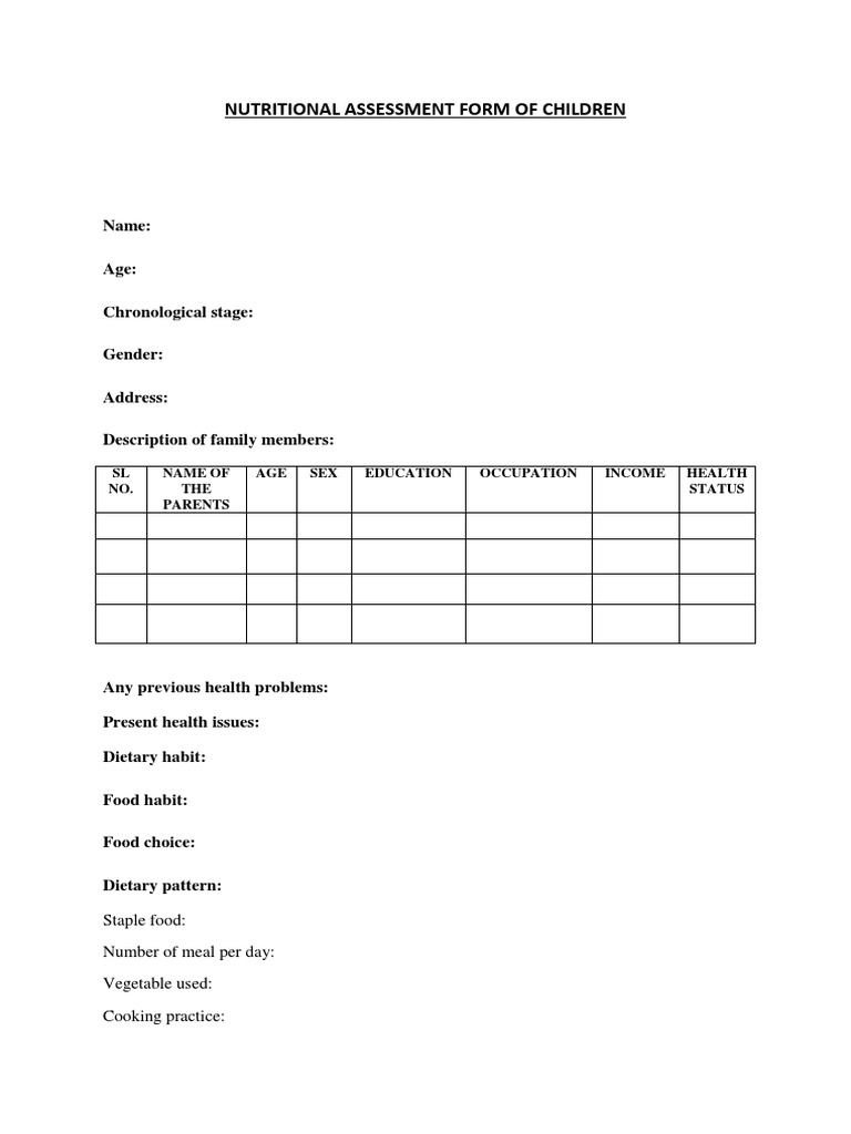 Nutritional Assessment Form of Children: Name | PDF | Tongue | Thorax