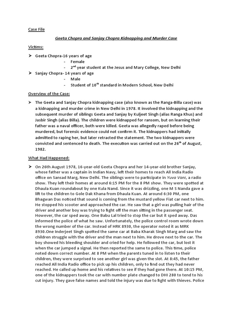 Geeta Chopra and Sanjay Chopra Kidnapping and Murder Case | PDF ...