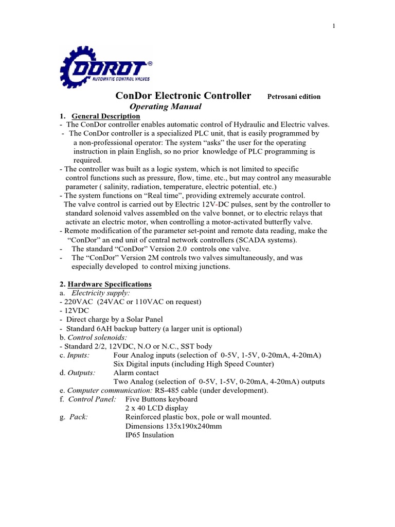 Condor Electronic Controller: Operating Manual | PDF | Programmable ...