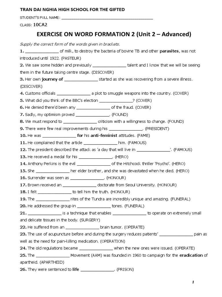 Exercise On Word Formation 2 (Unit 2 - Advanced) : Tran Dai Nghia High ...