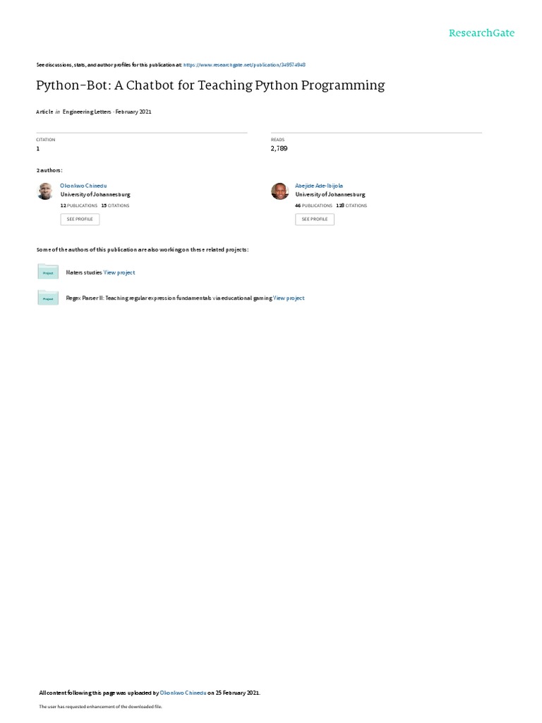 Python-Bot: A Chatbot For Teaching Python Programming: Engineering Letters February 2021 | PDF ...