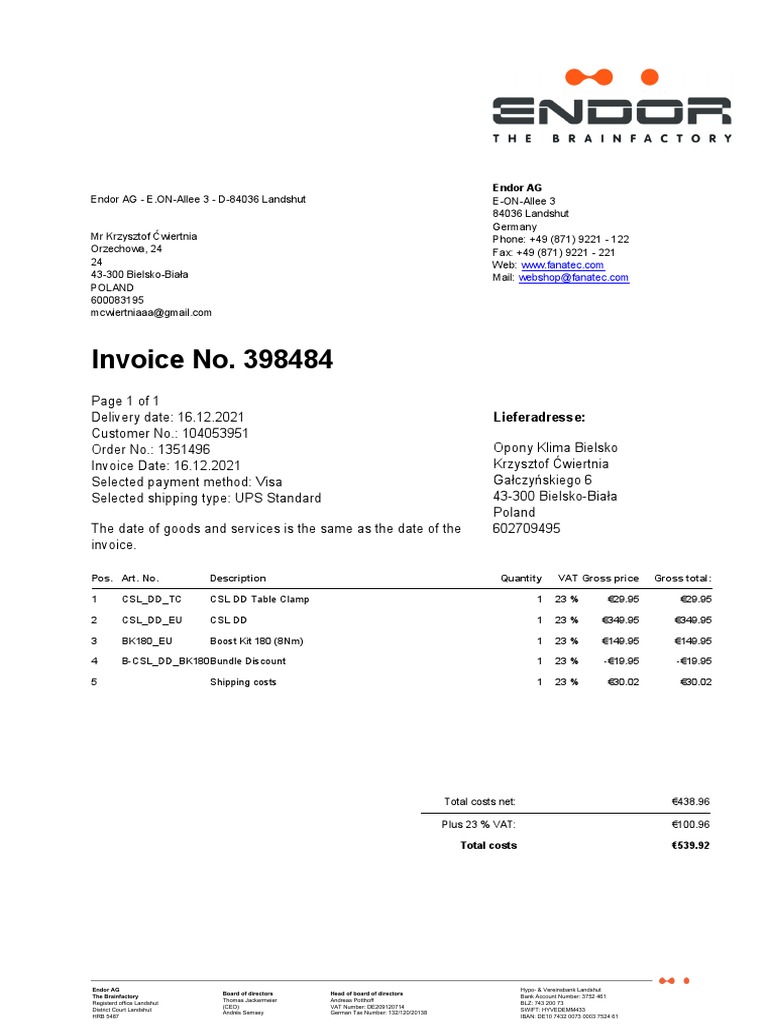 Invoice No. 398484: Endor AG | PDF | Invoice | Business