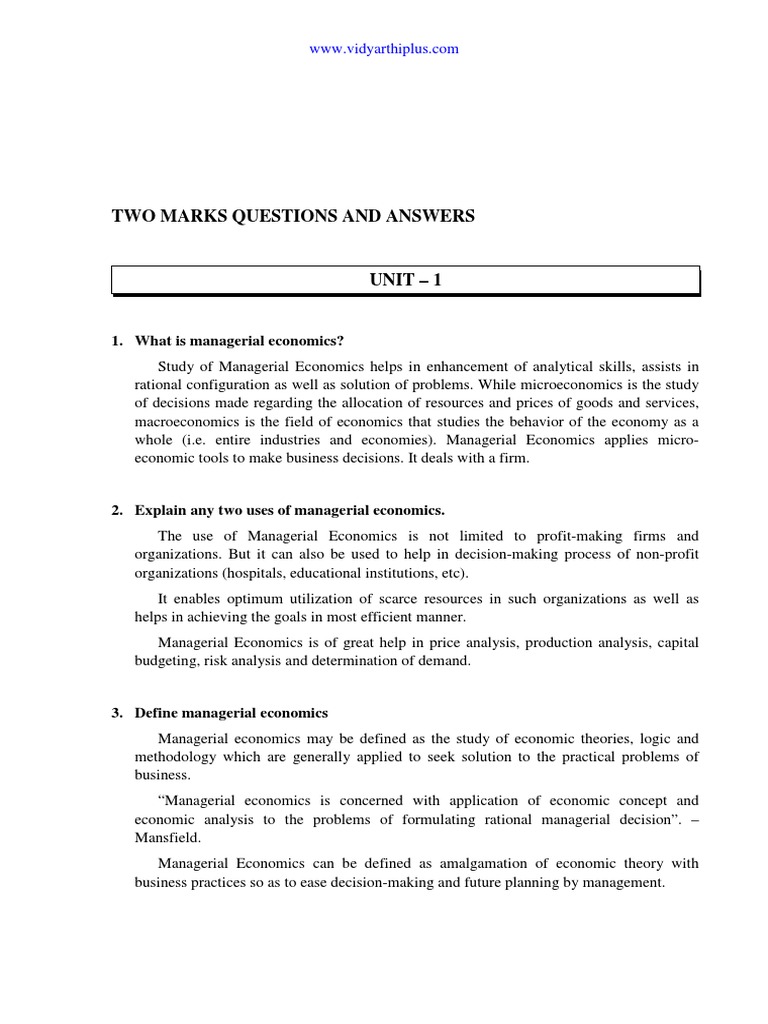 Two Marks Questions and Answers: 1. What Is Managerial Economics? | PDF ...