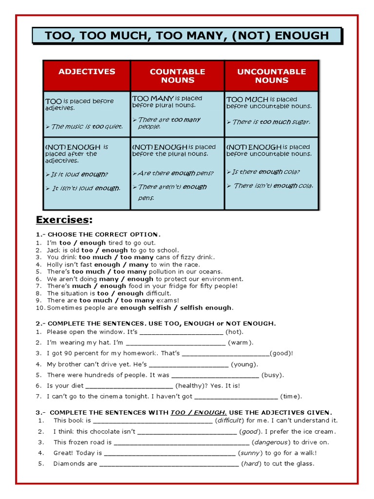 Too and Enough Exercises Guide | PDF