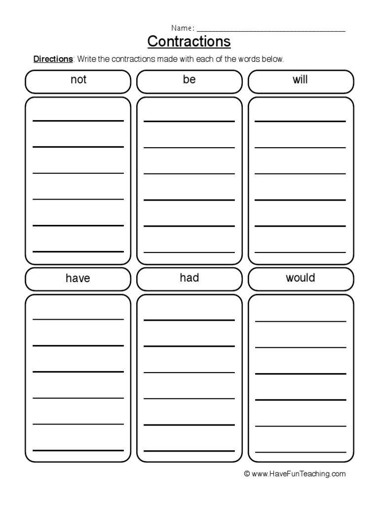 Contractions Worksheet 1 1 | PDF