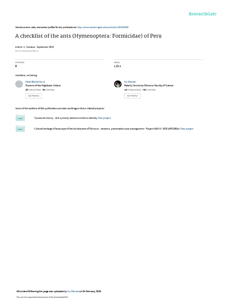A Checklist of The Ants (Hymenoptera: Formicidae) of Peru: Zootaxa September 2015 | PDF | Andes ...