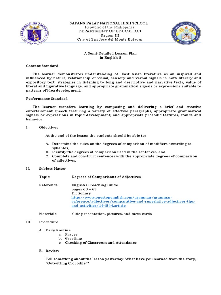 English 8 Lesson Plan: Adjective Comparisons | PDF | English Language ...