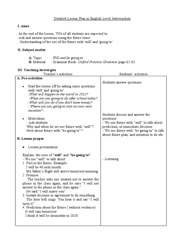 Detailed Lesson Plan in English Level Intermediate | PDF | Lesson Plan ...