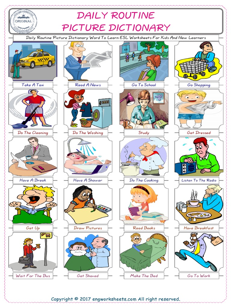 Daily Routine Picture Dictionary Word To Learn ESL Worksheets For Kids ...