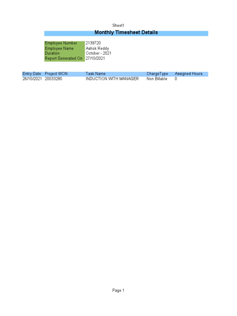 Monthly Timesheet Details: Sheet1 | PDF
