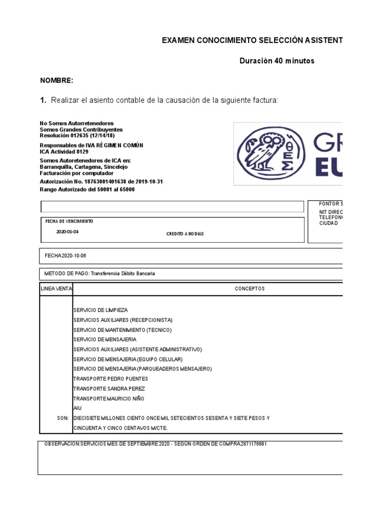 Examen Conocimiento Selección Asistente Contable Oscar Aguirre Formulario | Descargar gratis PDF ...