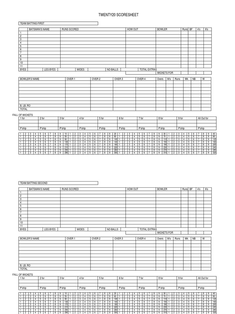 Twenty20 Scoresheet | PDF | Test Cricket | Ball And Bat Games
