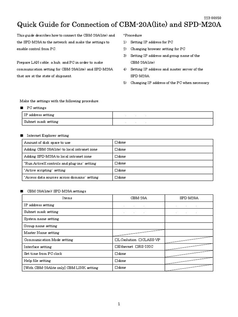 Quick Guide For Connection of CBM-20A (Lite) and SPD-M20A | PDF | Ip Address | Computer Network